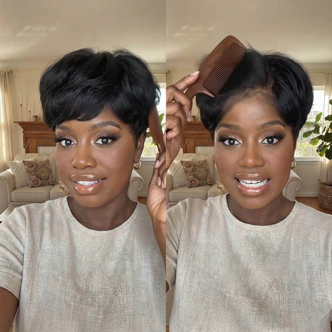 AILUXY Perruque Full Lace Pixie Couleur Naturelle 100% Cheveux Humains ...
